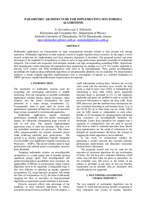 Pdf Parametric Architecture For Implementing Multimedia Algorithms