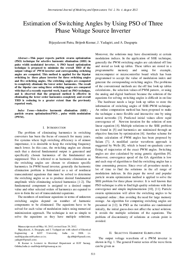 (PDF) Estimation of Switching Angles by Using PSO of Three Phase Voltage Source Inverter
