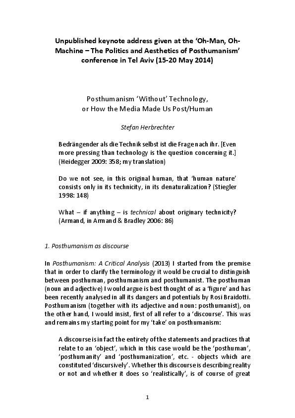 (PDF) Posthumanism 'Without' Technology, or How the Media Made Us Post ...