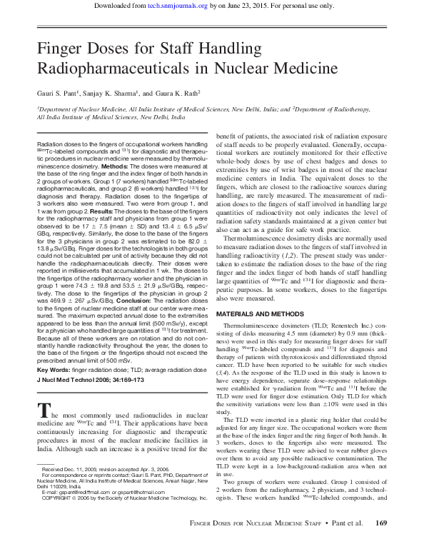 (PDF) Finger Doses for Staff Handling Radiopharmaceuticals in Nuclear ...