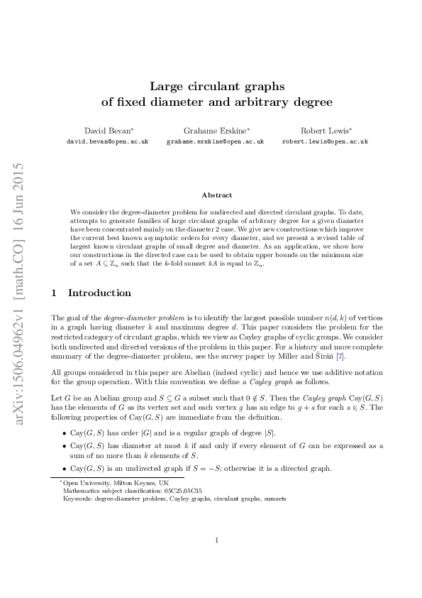 (PDF) Large circulant graphs of fixed diameter and arbitrary degree