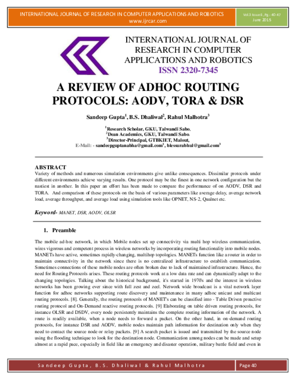 A Review Of Adhoc Routing Protocols Aodv Tora And Dsr﻿﻿﻿