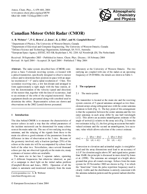 (PDF) Canadian Meteor Orbit Radar (CMOR)