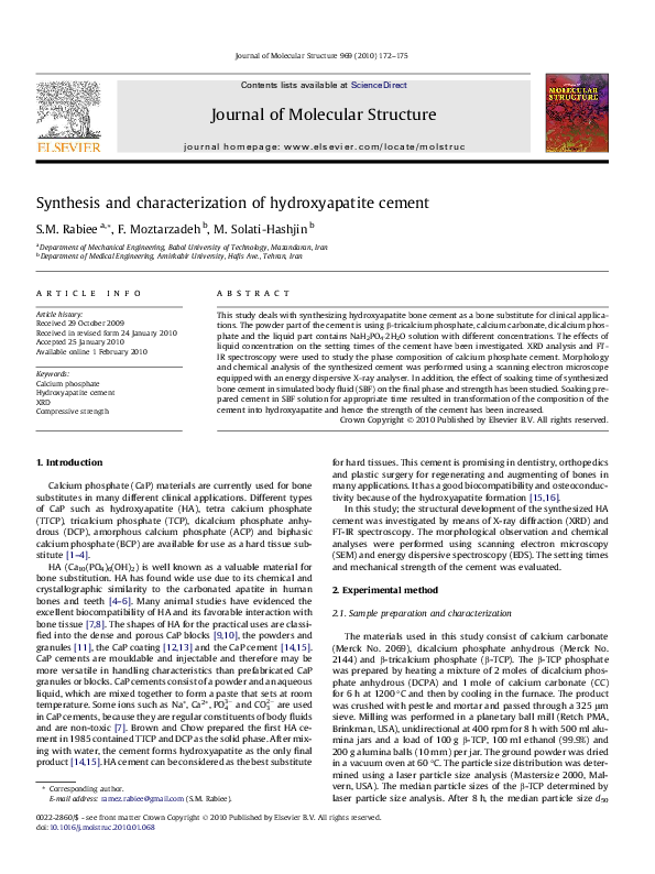 (PDF) Synthesis and characterization of hydroxyapatite cement