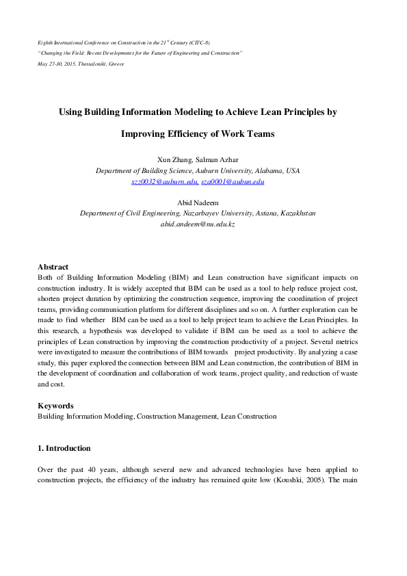 (PDF) Using Building Information Modeling to Achieve Lean Principles by ...