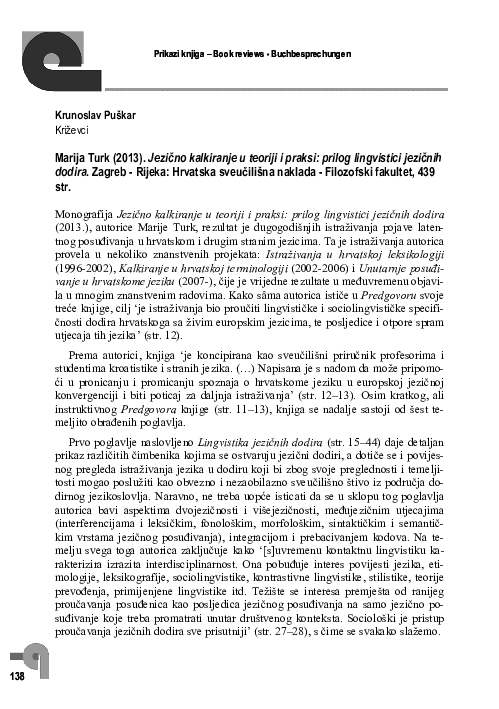 (PDF) Marija Turk. 2013. Jezično kalkiranje u teoriji i praksi: prilog ...