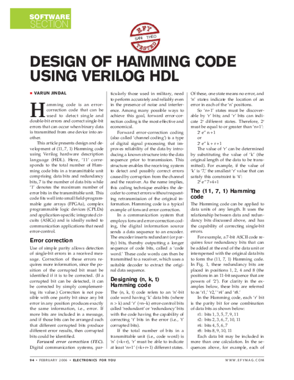 SECTION DESIGN OF HAMMING CODE USING VERILOG HDL