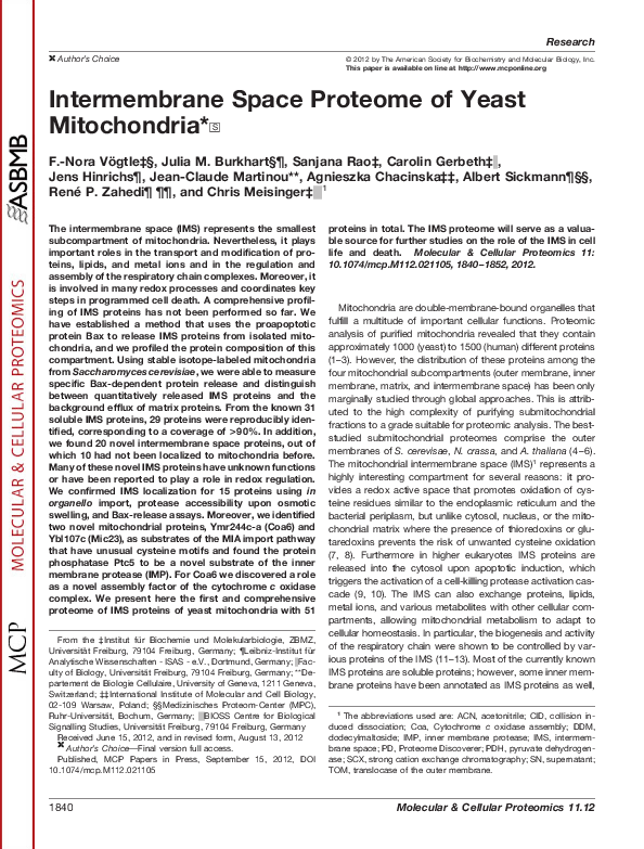 (PDF) Intermembrane Space Proteome of Yeast Mitochondria