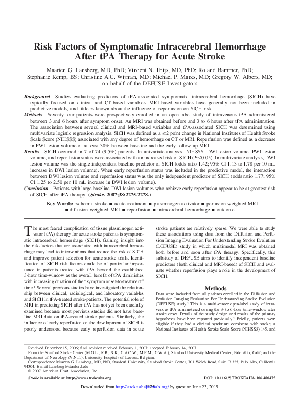 (PDF) Risk Factors of Symptomatic Intracerebral Hemorrhage After tPA ...