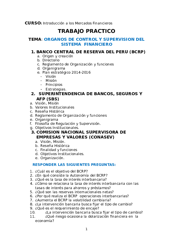 (DOC) CURSO: Introducción a los Mercados Financieros TRABAJO PRACTICO TEMA: ORGANOS DE CONTROL Y ...