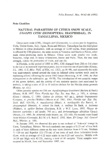 (PDF) Natural parasitism of citrus snow scale, Unaspis citri, in ...