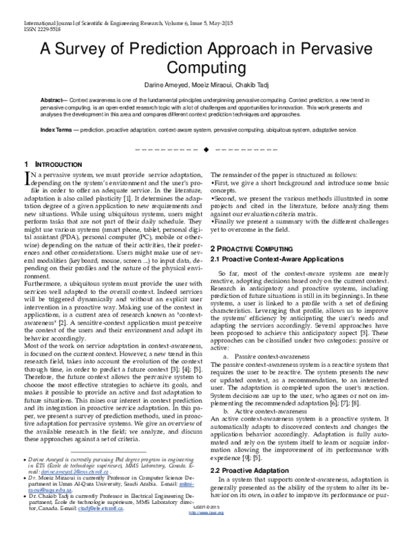 Pdf A Survey Of Prediction Approach In Pervasive Computing