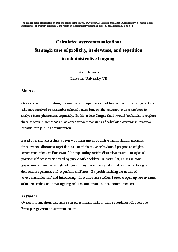 (PDF) Calculated overcommunication: Strategic uses of prolixity ...