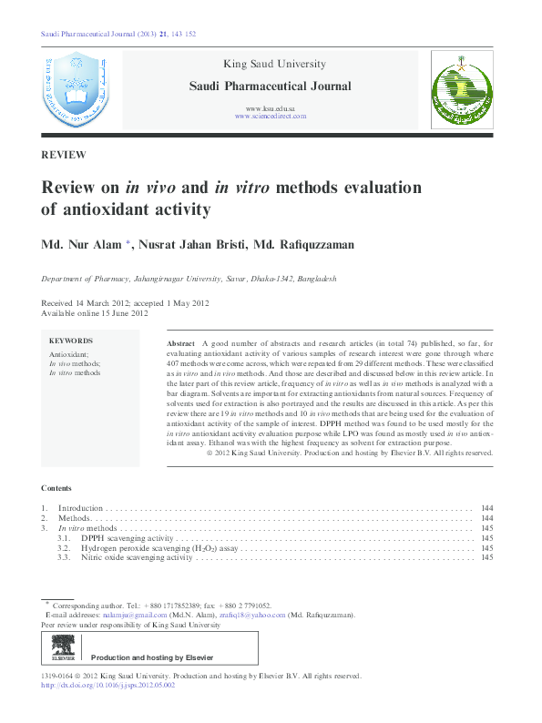 (PDF) Review on in vivo and in vitro methods evaluation of antioxidant activity