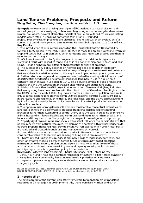 (DOC) Land tenure: Problems, Prospects and Reform (full text)