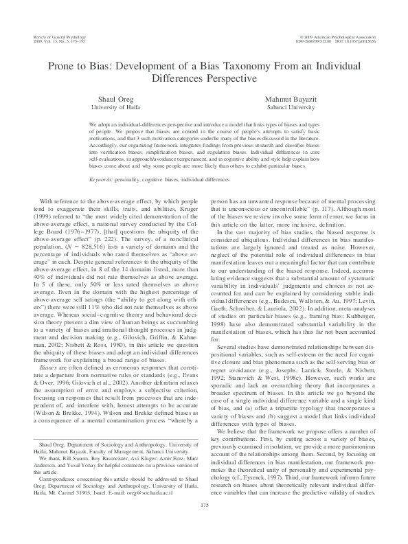 (PDF) Shaul Oreg, Mahmut Bayazit - Prone to Bias: Development of a Bias ...