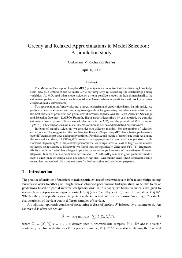 (PDF) Greedy and Relaxed Approximations to Model Selection: A simulation study