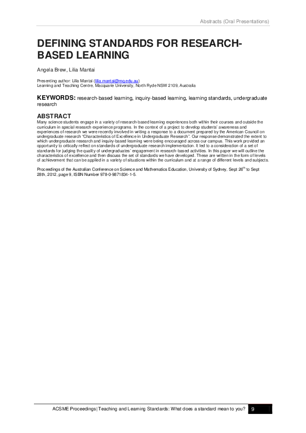 (PDF) Standards for Excellence in Undergraduate Research Learning