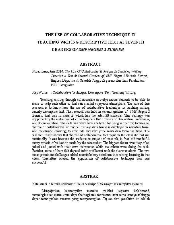 (DOC) THE USE OF COLLABORATIVE TECHNIQUE IN TEACHING WRITING DESCRIPTIVE TEXT AT SEVENTH GRADERS ...