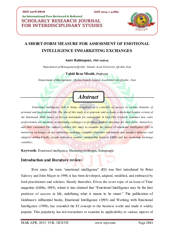 (PDF) A SHORT-FORM MEASURE FOR ASSESSMENT OF EMOTIONAL INTELLIGENCE ...
