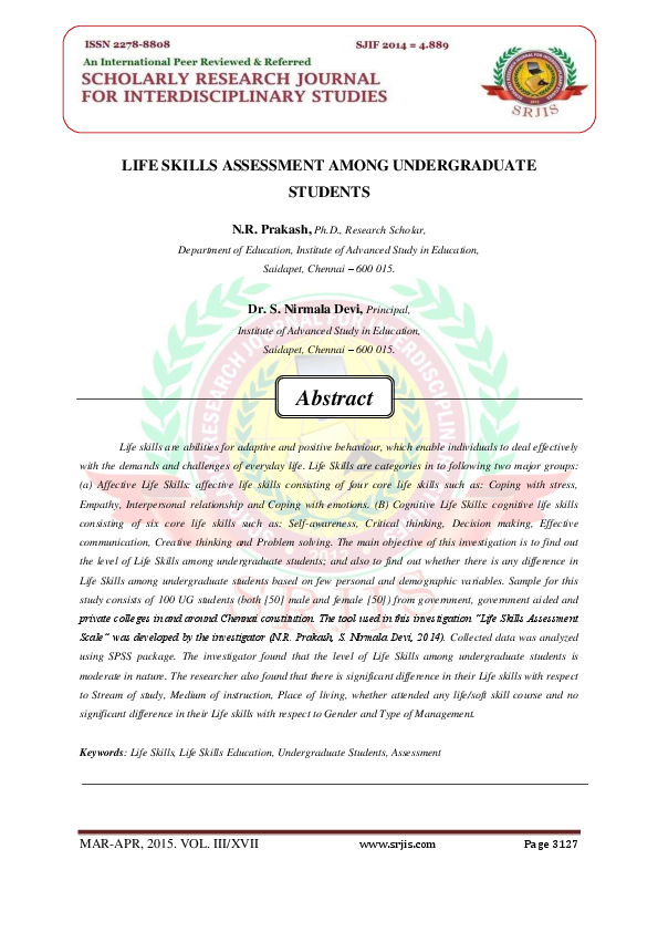 (PDF) LIFE SKILLS ASSESSMENT AMONG UNDERGRADUATE STUDENTS