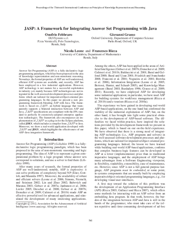 Pdf Jasp A Framework For Integrating Answer Set Programming With Java