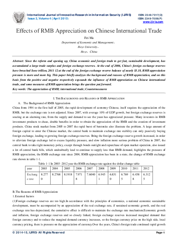 (PDF) Effects of RMB Appreciation on Chinese International Trade