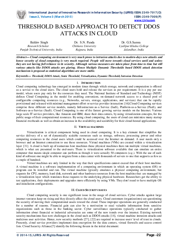 Pdf Threshold Based Approach To Detect Ddos Attacks In Cloud Ijiris International Journal Of