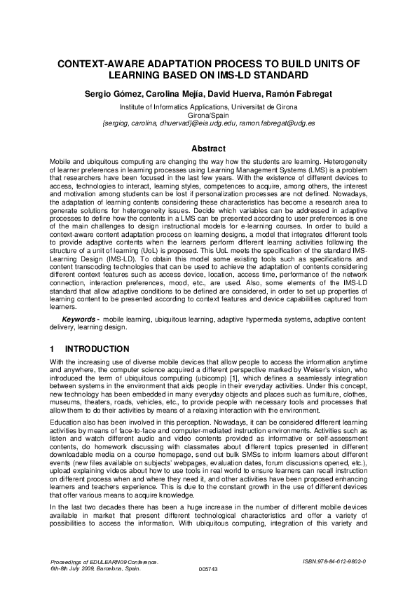 (PDF) Context-aware adaptation process to build units of learning based on IMS-LD standard