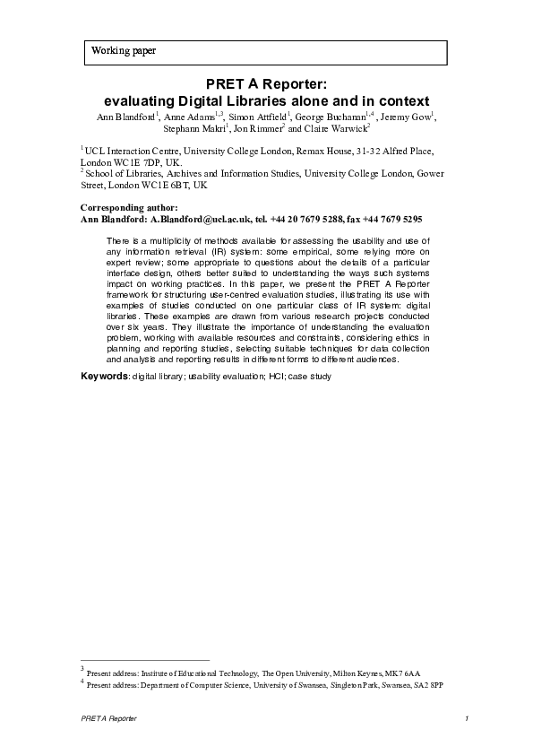 (PDF) PRET A Reporter: evaluating Digital Libraries alone and in context