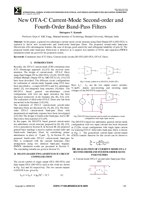 (PDF) New OTA-C Current-Mode Second-order and Fourth-Order Band-Pass Filters