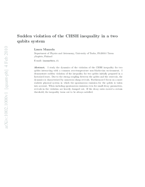 (PDF) Sudden violation of the CHSH inequality in a two-qubit system