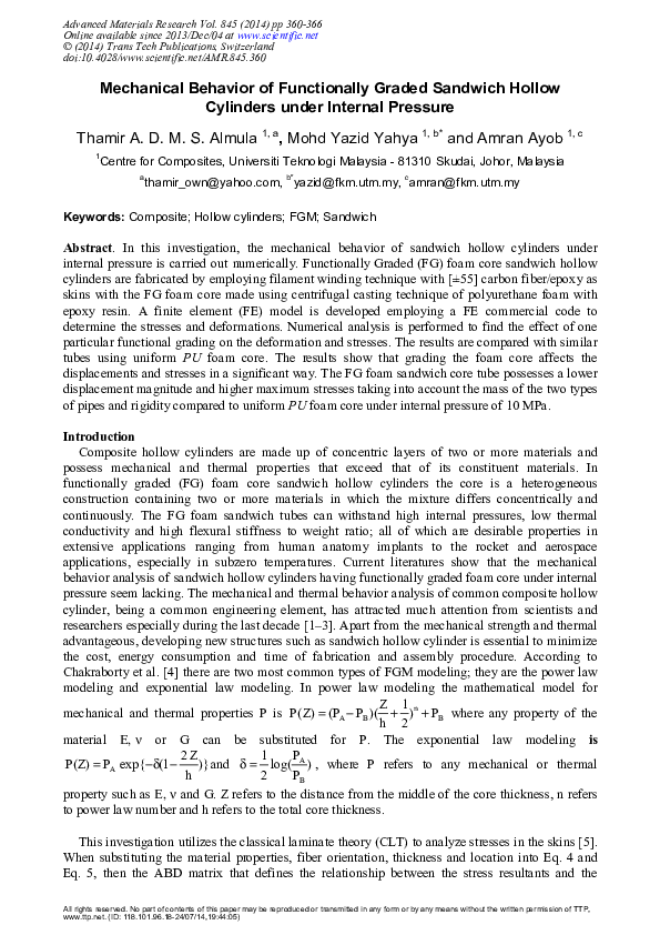 (PDF) Mechanical Behavior of Functionally Graded Sandwich Hollow Cylinders under Internal Pressure