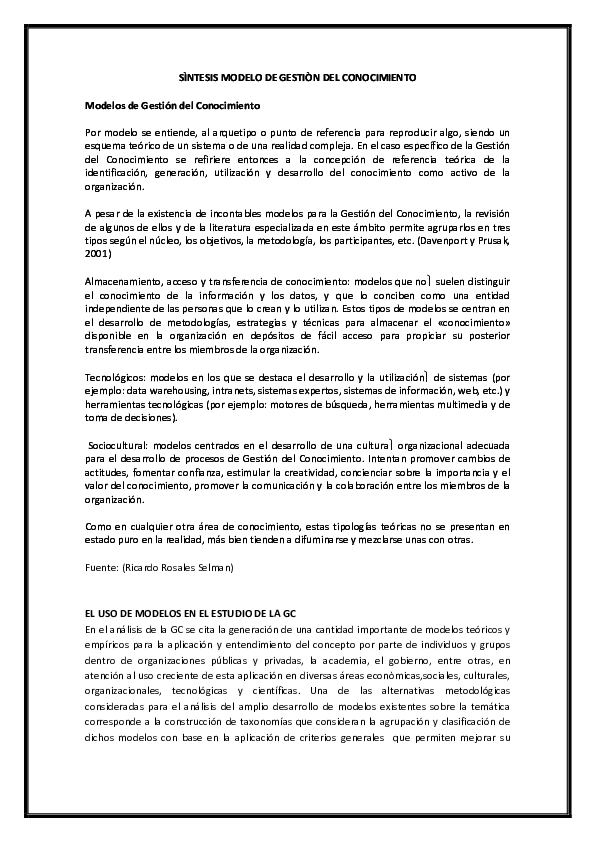 (PDF) SÌNTESIS MODELO DE GESTIÒN DEL CONOCIMIENTO Modelos de Gestión ...