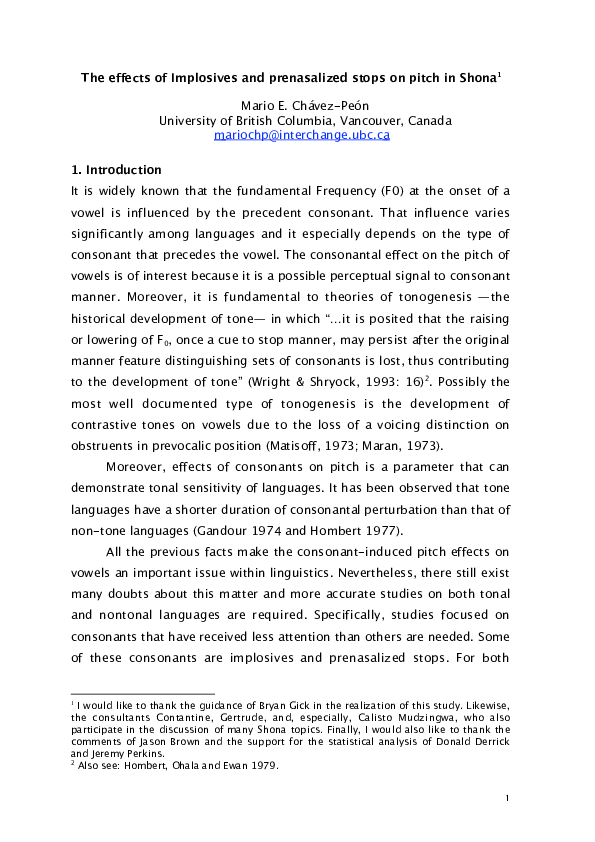 The effects of implosives and prenasalized stops on pitch in Shona