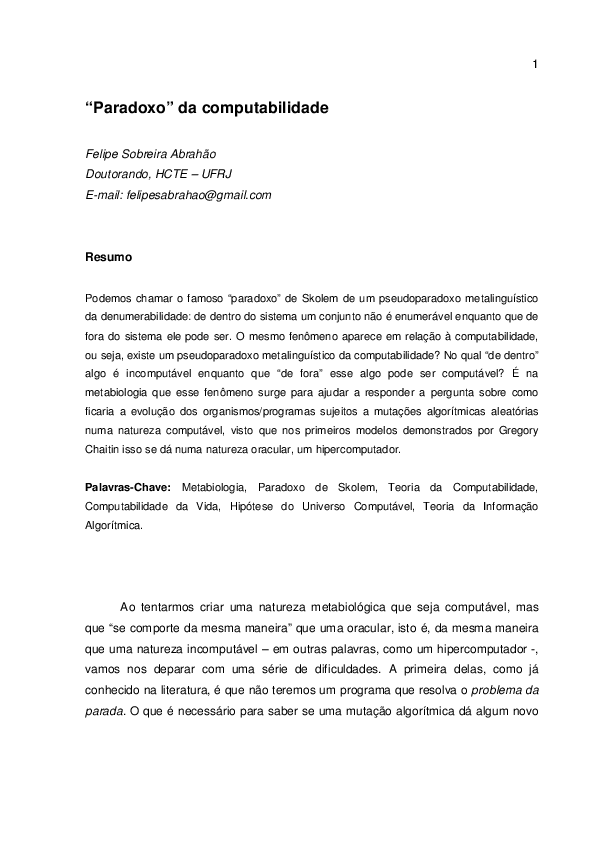 (PDF) "Paradoxo" da Computabilidade