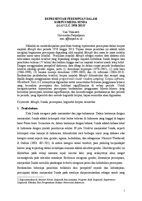 (DOC) REPRESENTASI PEREMPUAN DALAM KORPUS MEDIA SUNDA (MANGLÈ, 1958-2013)