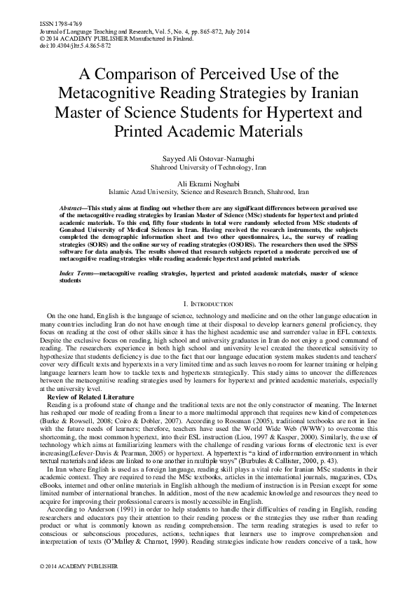 Pdf A Comparison Of Perceived Use Of The Metacognitive Reading Strategies By Iranian Master Of