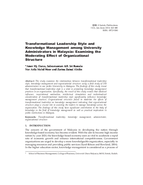 (PDF) Transformational Leadership Style and Knowledge Management among University Administrators ...