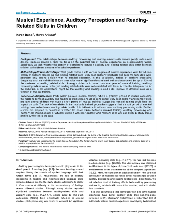 (PDF) Musical Experience, Auditory Perception and Reading