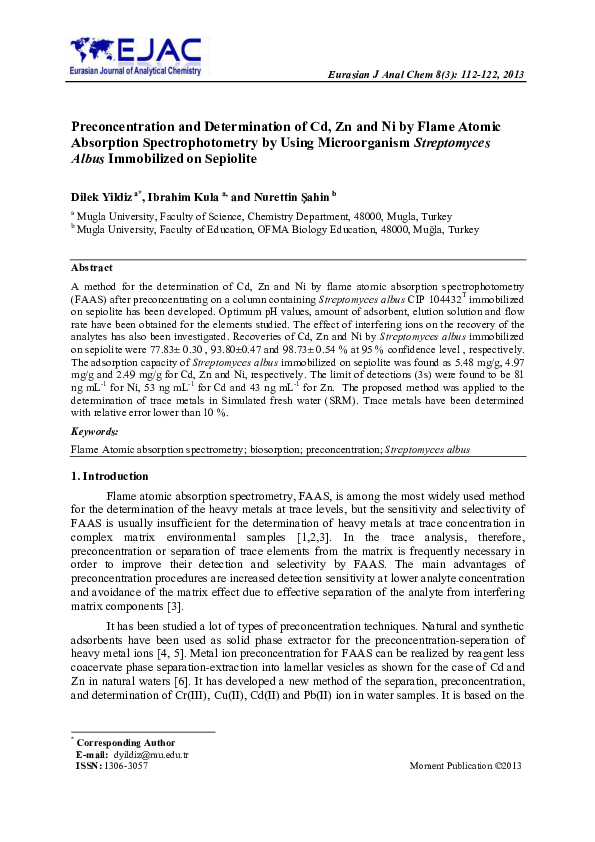 Pdf Preconcentration And Determination Of Cd Zn And Ni By Flame Atomic Absorption