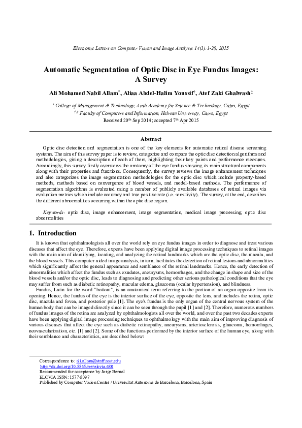 Pdf Automatic Segmentation Of Optic Disc In Eye Fundus Images A Survey