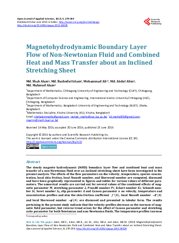 (PDF) Magnetohydrodynamic Boundary Layer Flow of Non-Newtonian Fluid and Combined Heat and Mass ...