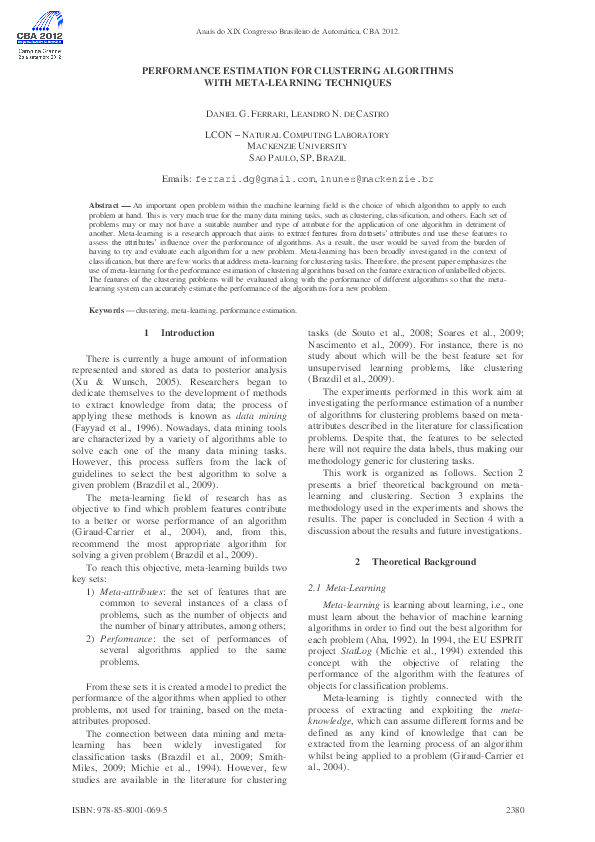(PDF) Performance Estimation for Clustering Algorithms with Meta ... (PDF) Performance Estimation for Clustering Algorithms with Meta ...