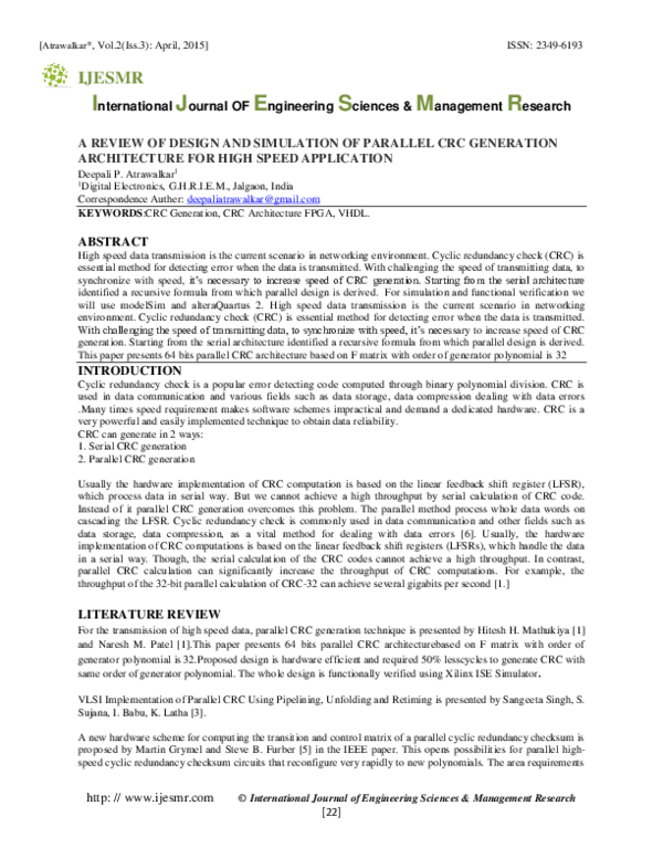 Pdf A Review Of Design And Simulation Of Parallel Crc Generation 4770