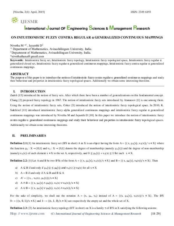 (PDF) ON INTUITIONISTIC FUZZY CONTRA REGULAR ⍺ GENERALIZED CONTINUOUS MAPPINGS