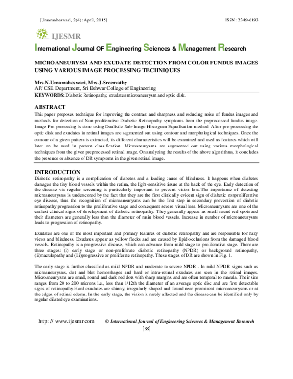 Pdf Microaneurysm And Exudate Detection From Color Fundus Images Using Various Image