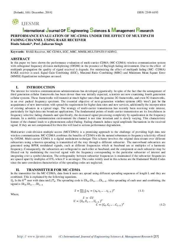 (PDF) PERFORMANCE EVALUATION OF MC - CDMA UNDER THE EFFECT OF MULTIPATH FADING CHANNEL USING ...