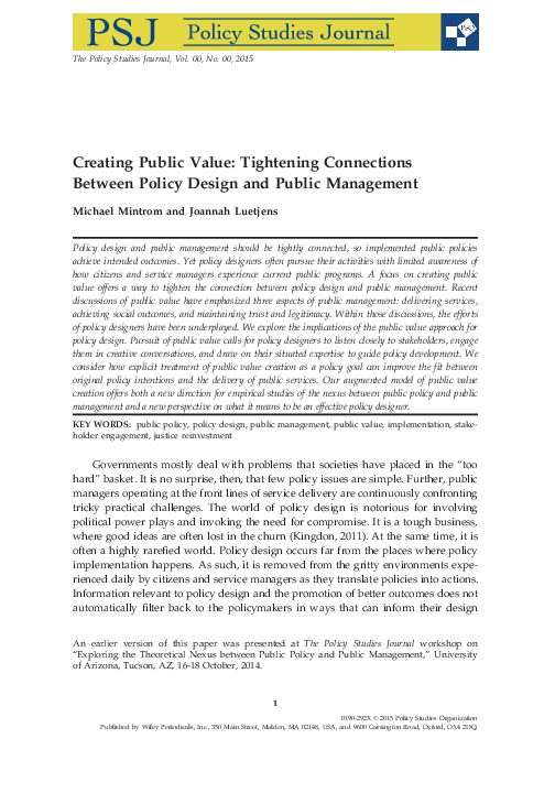 (PDF) Creating Public Value: Tightening Connections Between Policy ...
