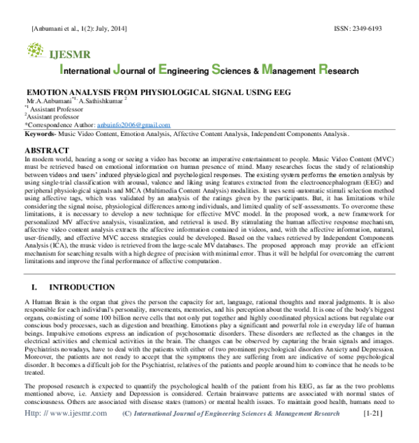(PDF) EMOTION ANALYSIS FROM PHYSIOLOGICAL SIGNAL USING EEG (PDF) EMOTION ANALYSIS FROM PHYSIOLOGICAL SIGNAL USING EEG